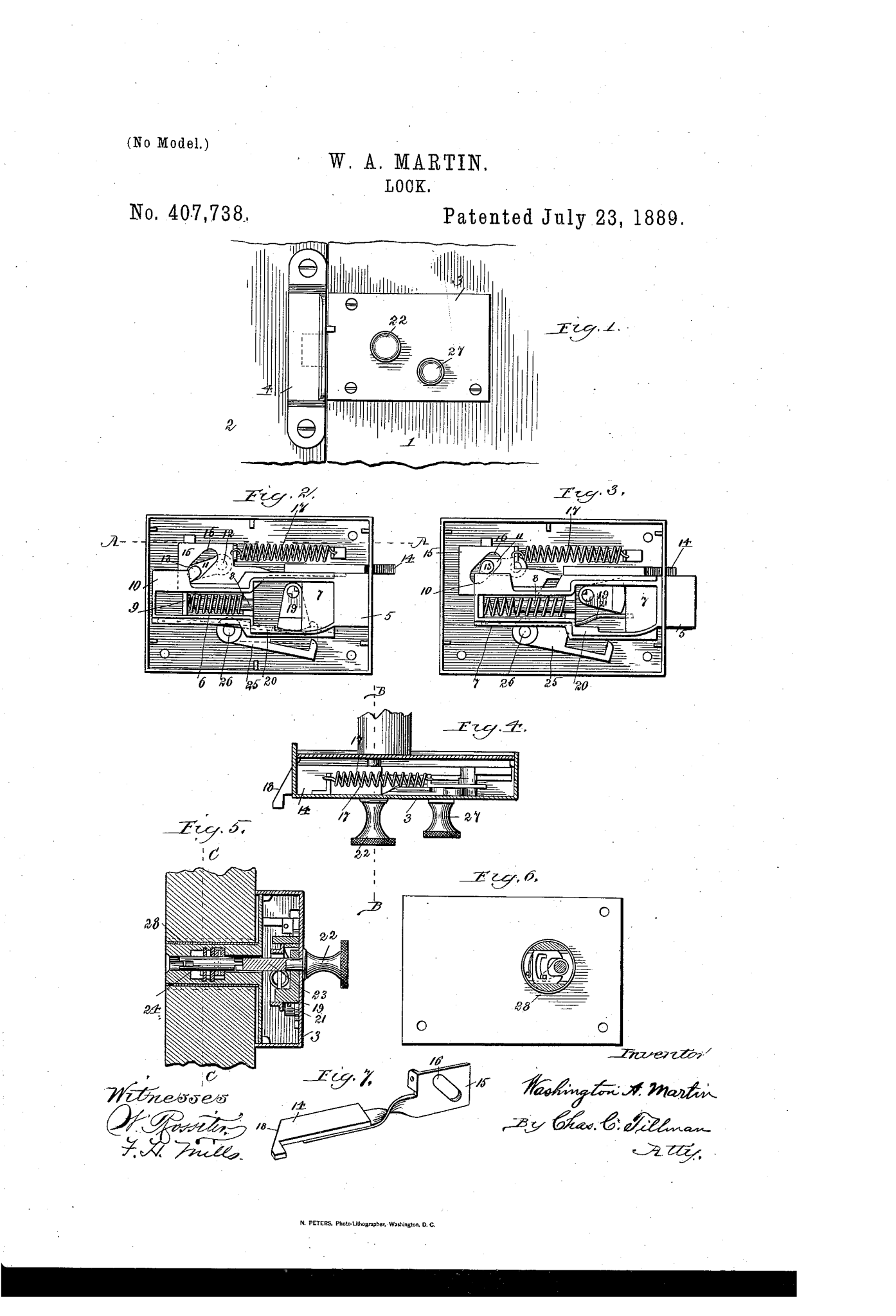 Lock – Washington A. Martin – 1889 – Patent: US407738A – My 2 cents