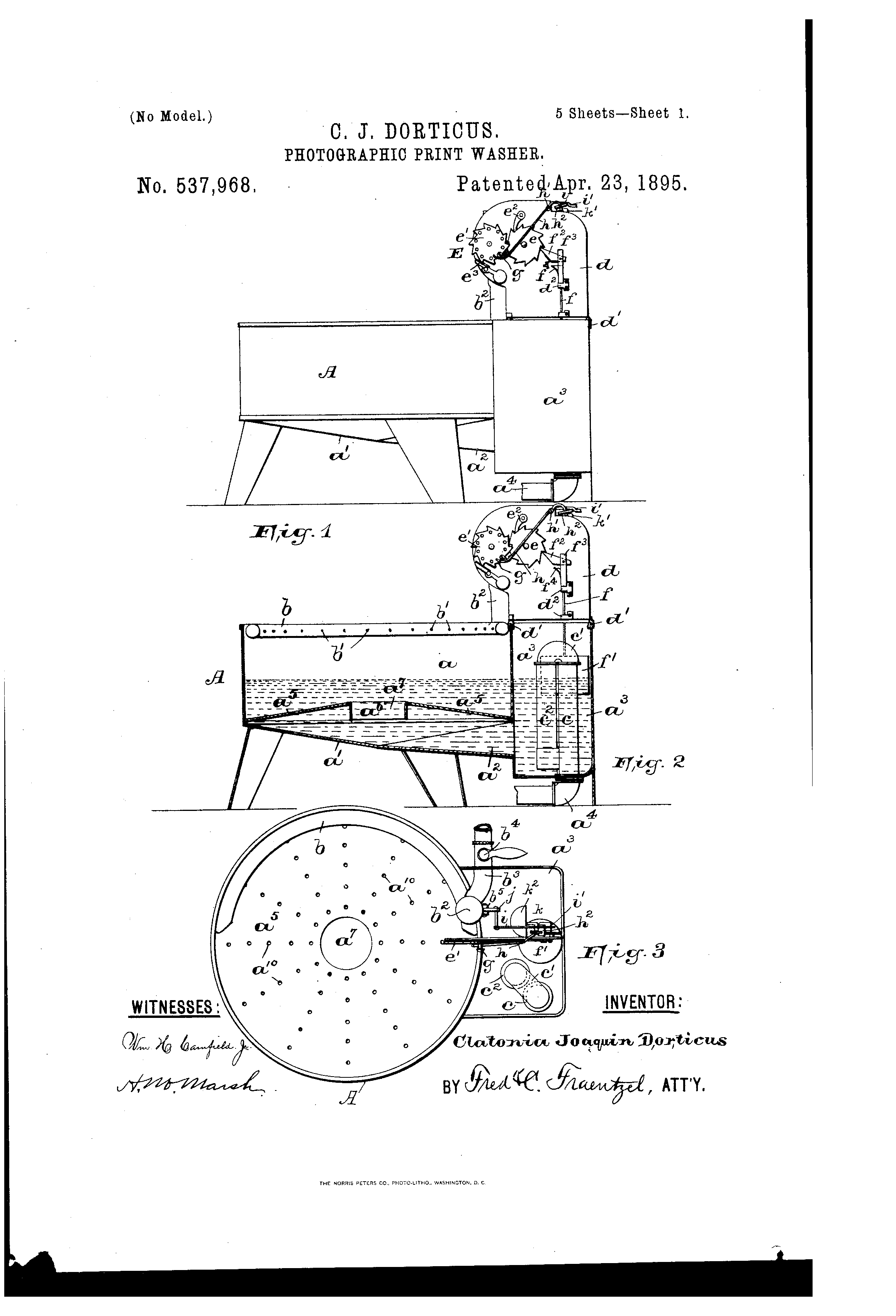 Photographic print washer – Clatonia Joaquin Dorticus – 1895 – Patent ...