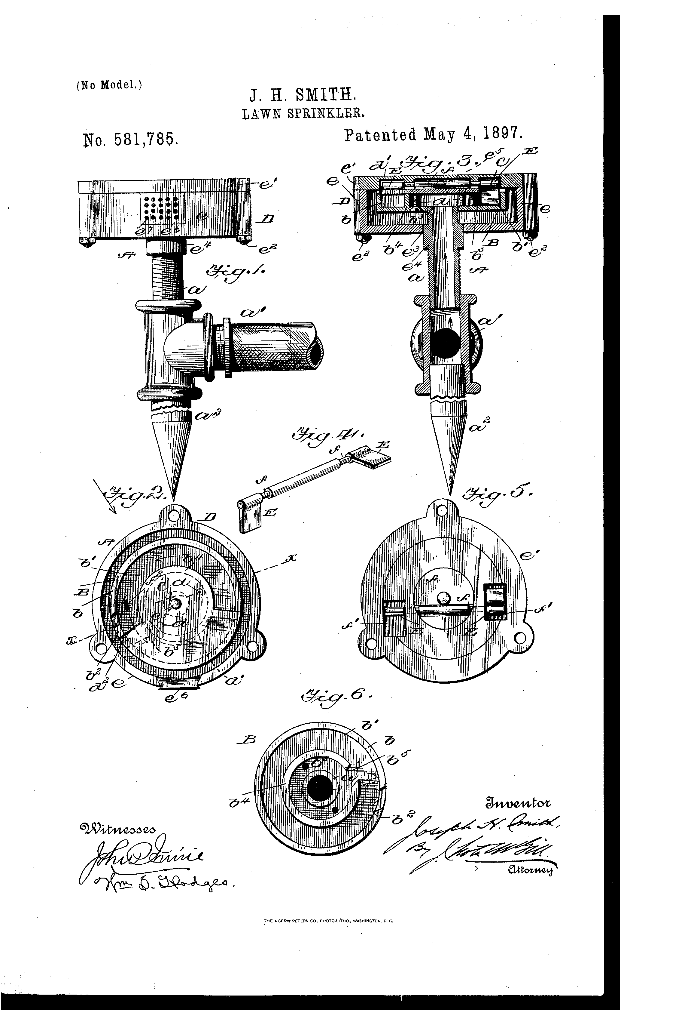 Lawn sprinkler – Joseph H. Smith – 1897 – Patent: US581785A – My 2 cents
