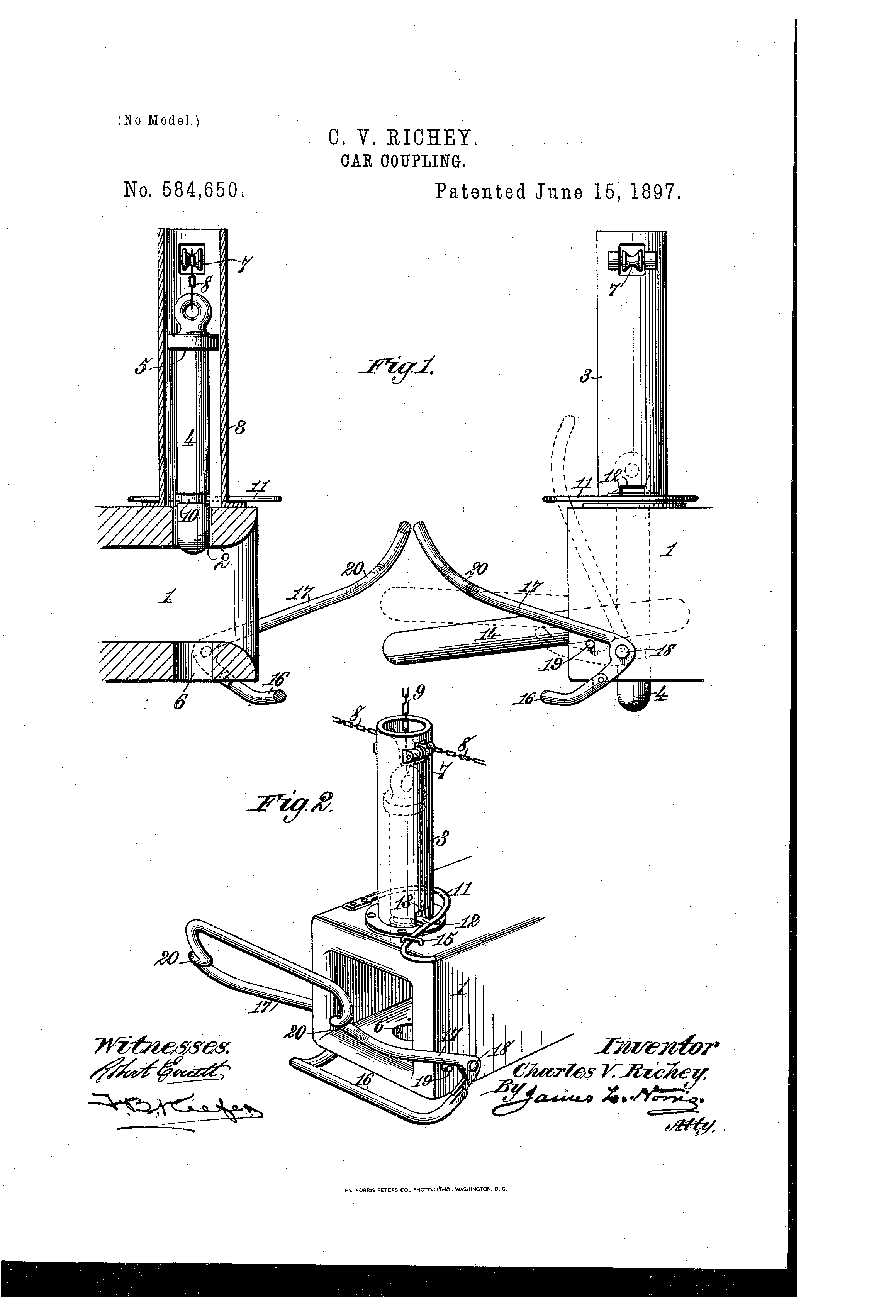 Car coupling – Charles V. Richey – 1897 – Patent: US584650A – My 2 cents