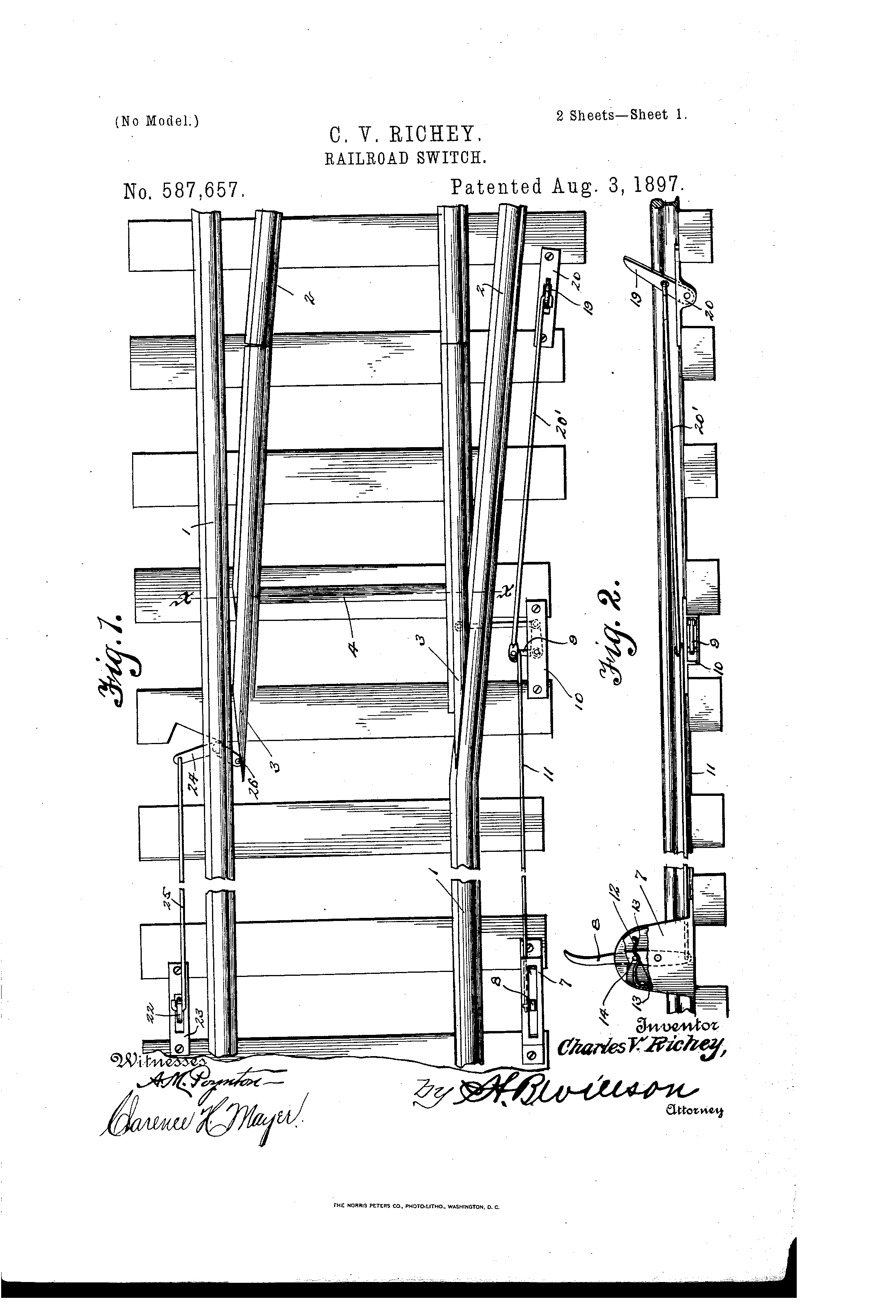 Railroad switch – Charles V. Richey – 1897 – Patent: US587657A – My 2 cents