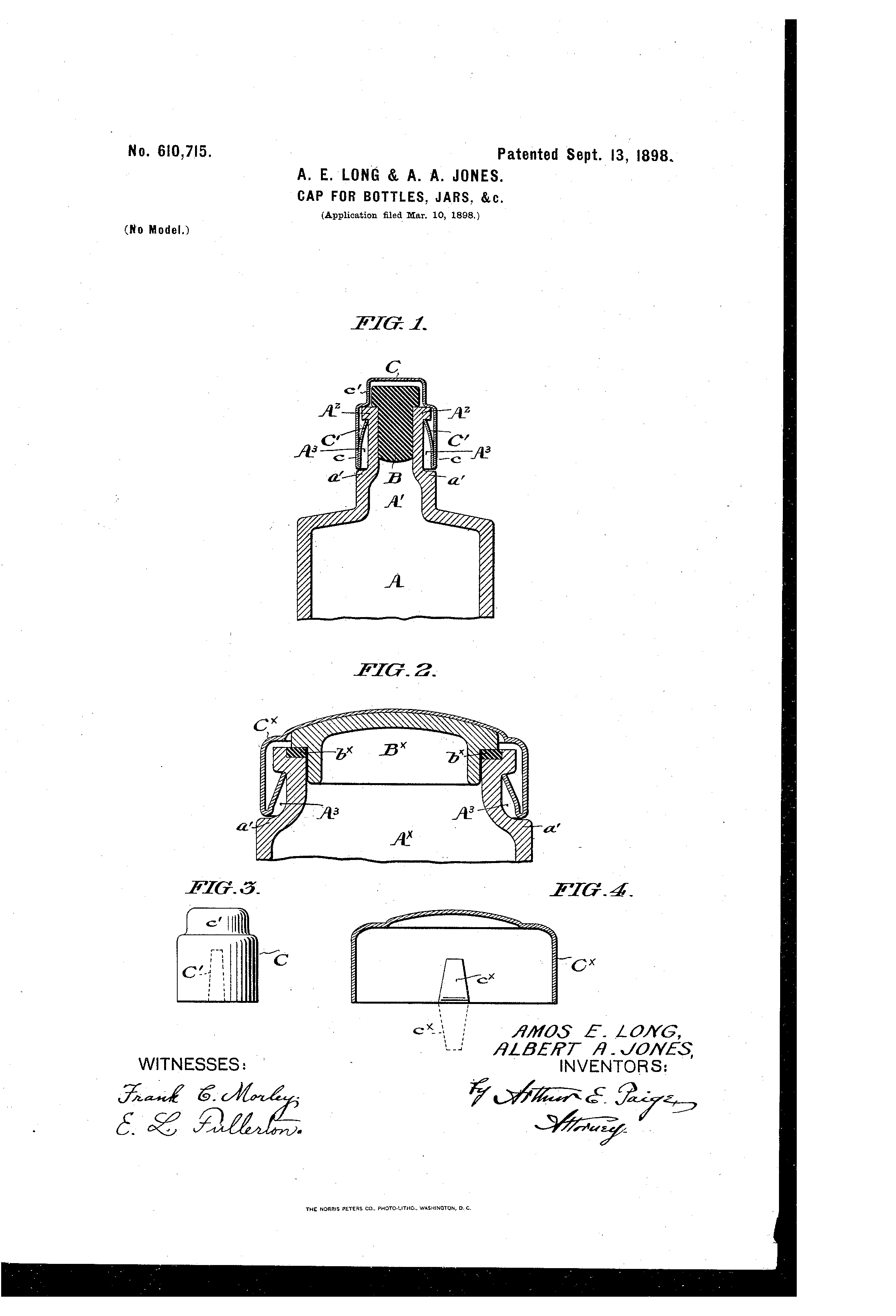 Caps for bottles jars etc. – Albert A. Jones –Amos E. Long – 1898 ...