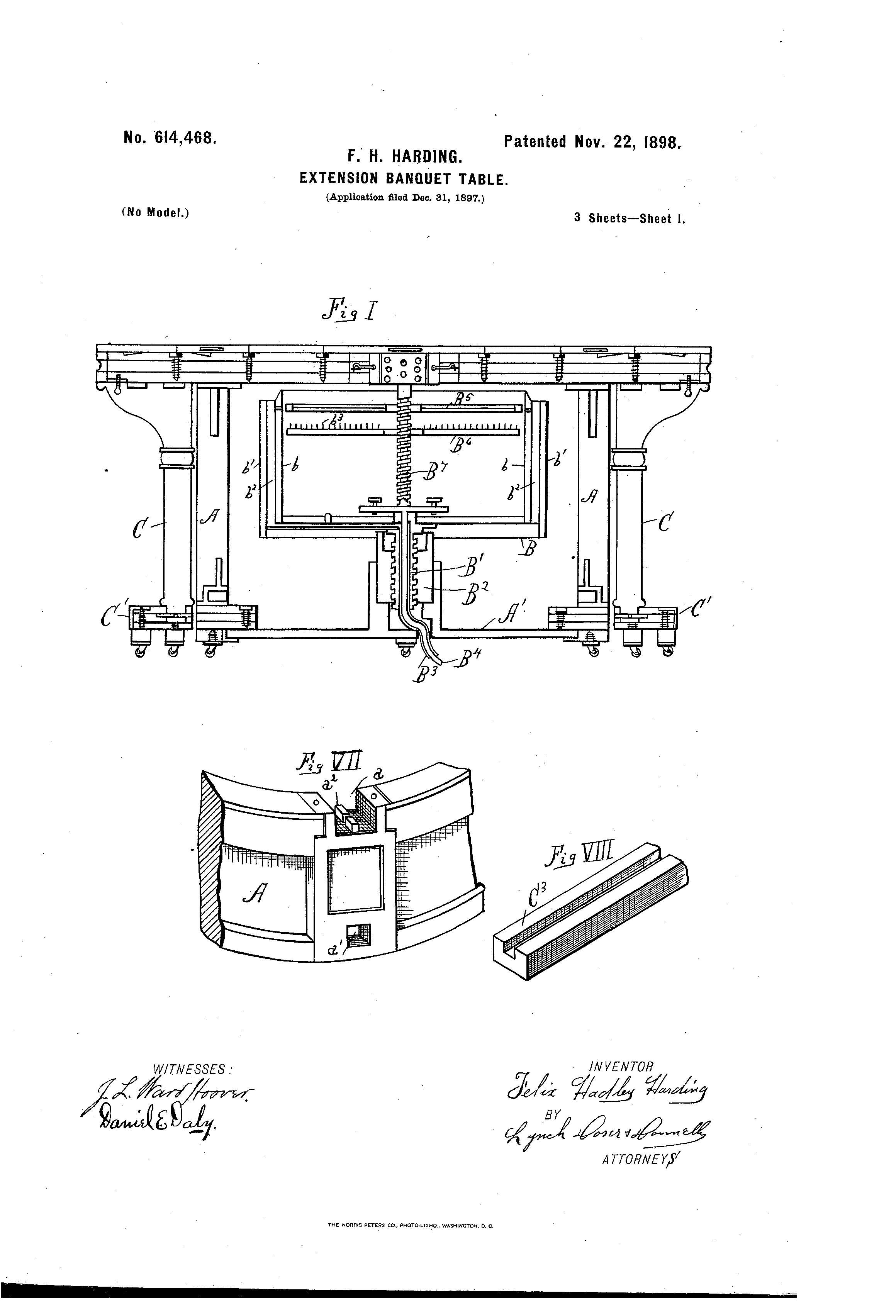 Extension banquet table – Felix Harding – 1898 – Patent: US614468A – My ...